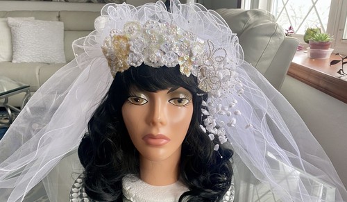 SALE! Vintage 80s White Sequin Floral Pearl Spray Wedding Bridal Veil ...