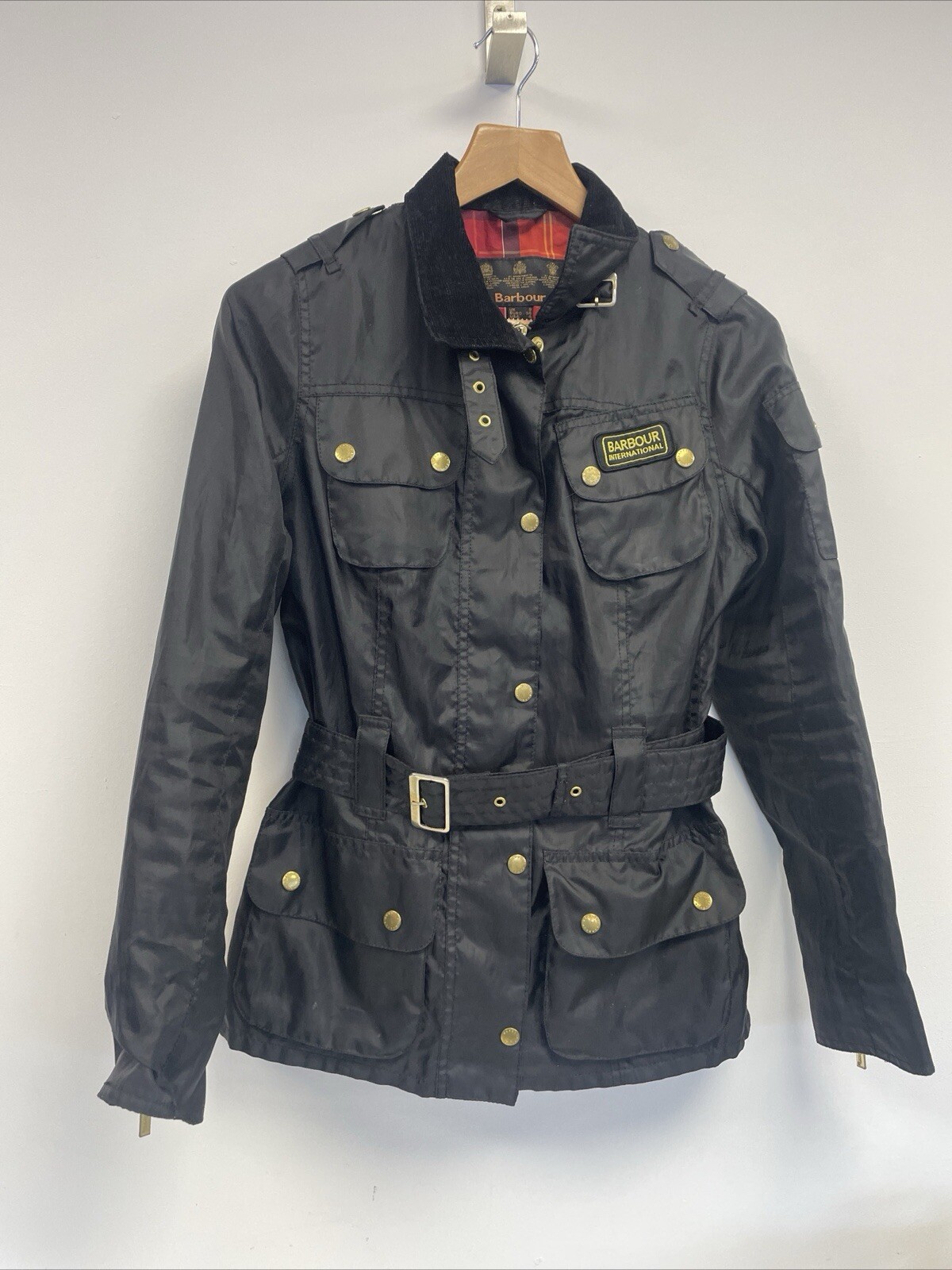 Barbour International Waxed Belted Black Jacket Size 8 - Gem