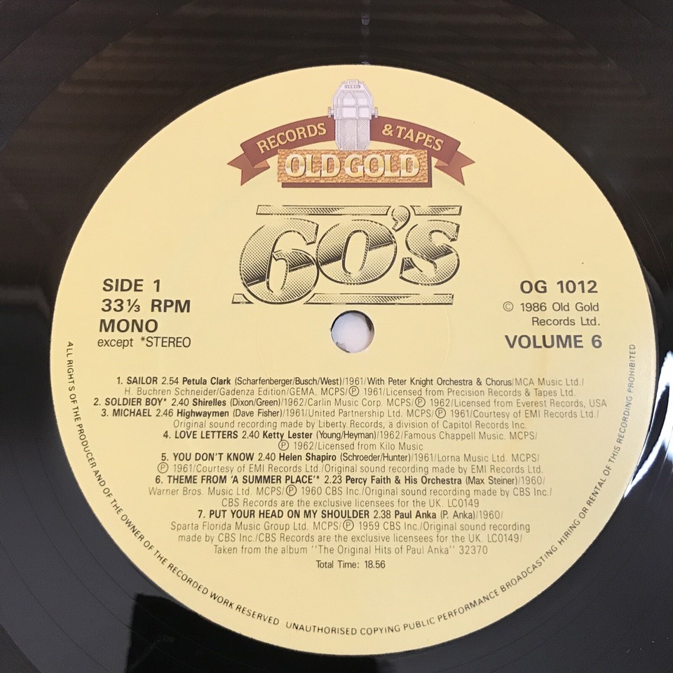 OLD GOLD COLLECTION 1960's Volume 6 - VARIOUS ARTISTS Vinyl Album. 1986 ...