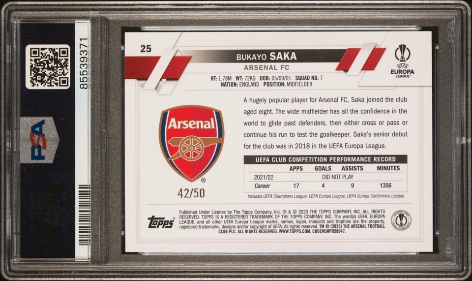 2022-23 Bukayo Saka Topps Jade Edition Yellow Foil Arsenal FC Card 42/ ...