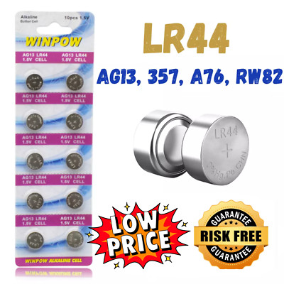 LR44 Batteries Alkaline AG13 357 A76 RW82 L1154 SR44 Button Coin Cell ...