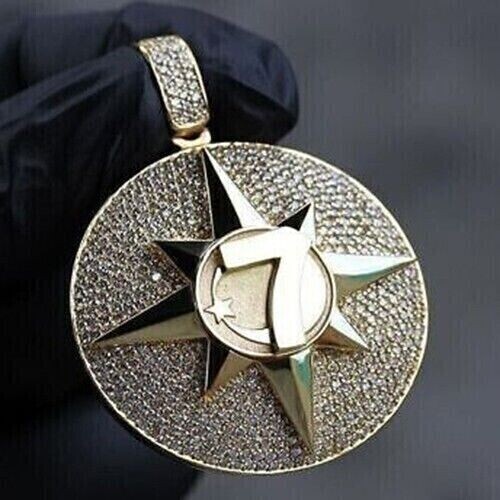 3Ct Round Real Moissanite Men's Percenter Star 7 Pendant 14K Yellow ...