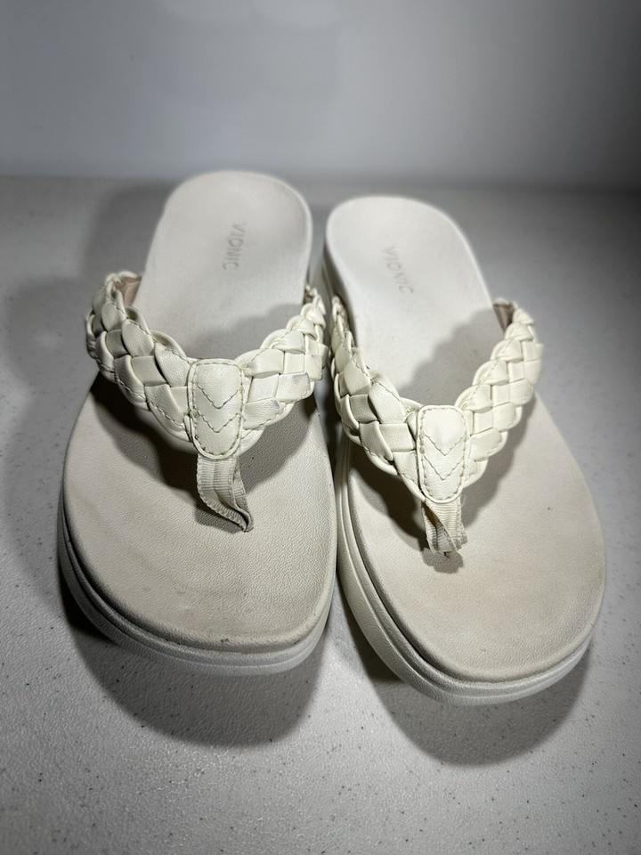 Vionic Sunrise Kenji Cream Braided Toe Post Platform Thong Flip Flop ...
