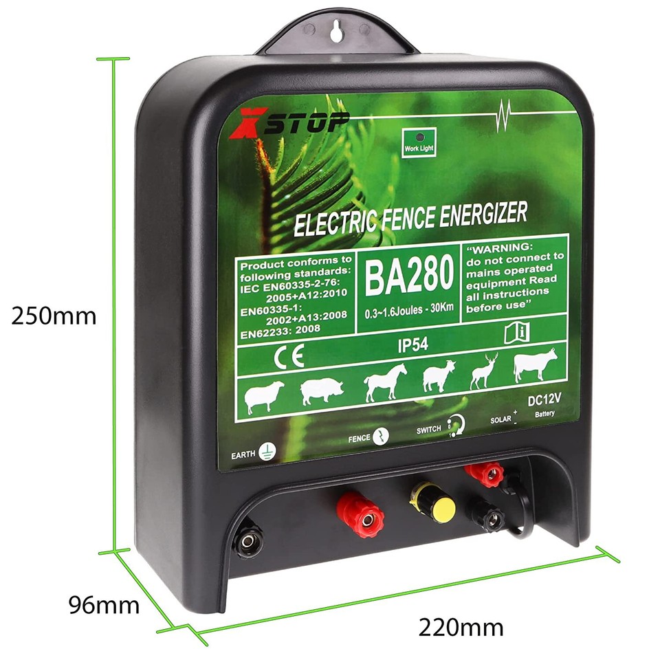 Electric Fence Energiser 12v 230v Battery Mains 1-120Km Range + Leads ...
