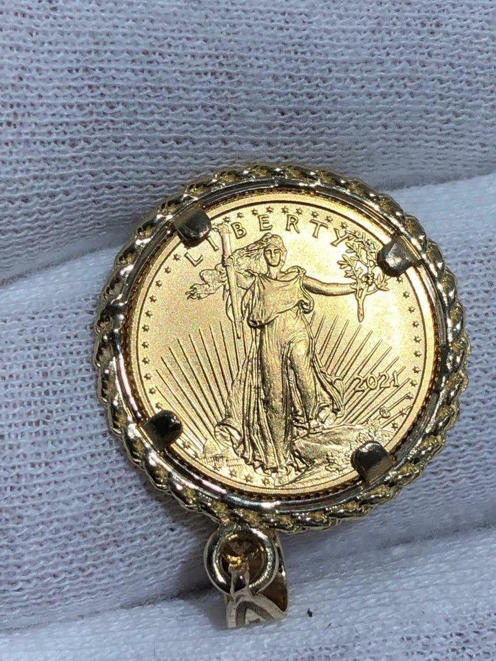 24k Yellow Gold Eagle Standing Liberty 1/10 oz .999 Fine Gold Coin Rope ...
