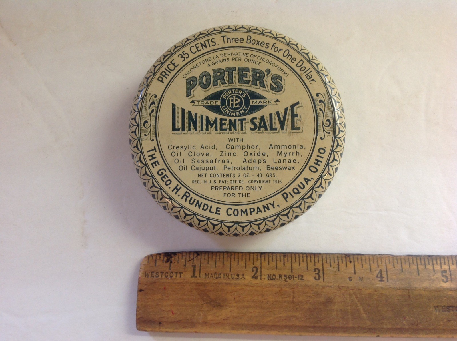 Porter's Liniment Salve Vintage 1916 Tin, George Rundle Co, Piqua, Ohio ...