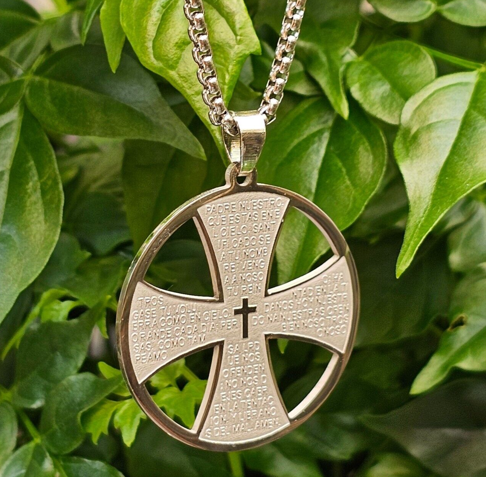 Lords Prayer Cross Pendant Necklace Templar Spanish Script Steel 22 ...