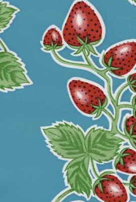 Oilcloth Fabric Forever Summer Strawberries Blue Pattern Sold in Yard ...