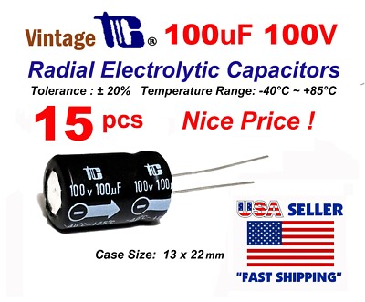 15 pcs Vintage TCC 100uF 100V 20% 13x22 Radial Electrolytic Capacitor ...