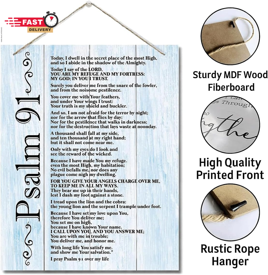 Inspirational Wood Art Signs, Psalms 91 Wall Sign, Hanging Printed Wall ...