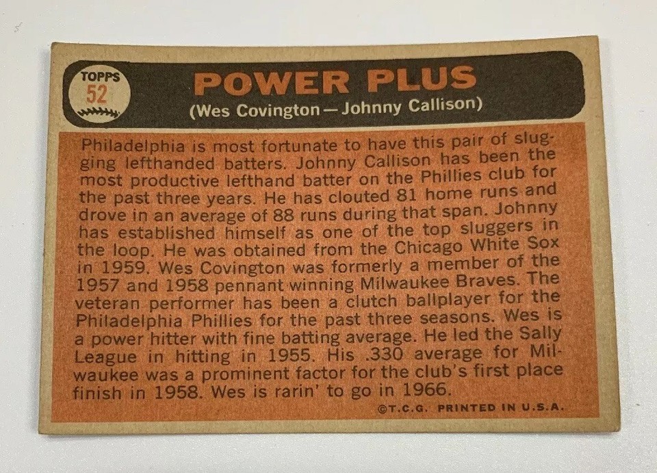 1966 Topps # 52 Power Plus Wes Covington Johnny Callison Philadelphia ...