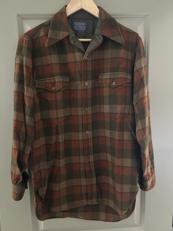 Vtg 50's 60's Pendleton Wool Flannel Board Shirt Sz L Loop Collar Brown Plaid | eBay