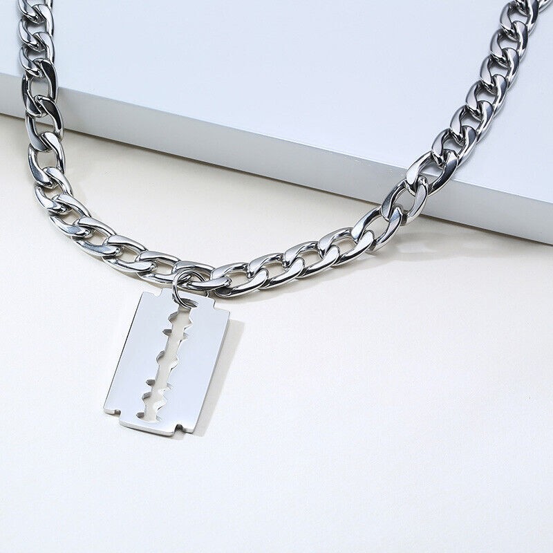 20" Gothic Razor Blade Pendant Men's Necklace Choker Stainless Steel ...
