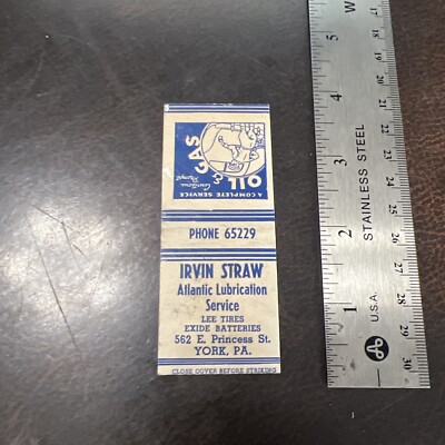 Vintage York Pa Gasoline Gas Station Matchbook Irvin Straw Atlantic E ...
