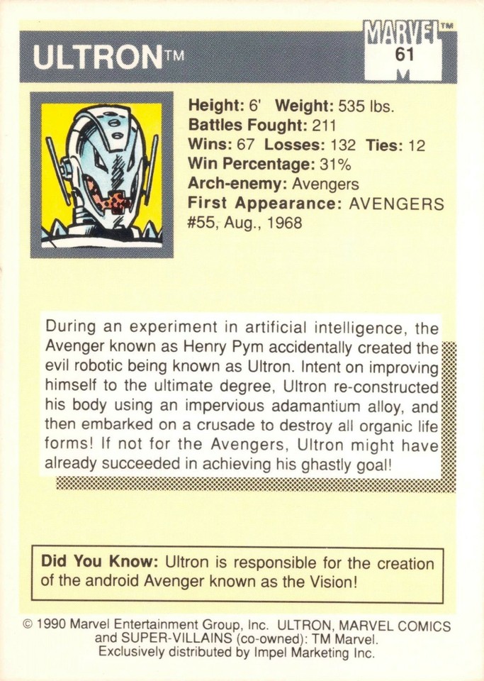 ULTRON / 1990 Marvel Universe Series 1 (Impel) BASE Trading Card #61 | eBay