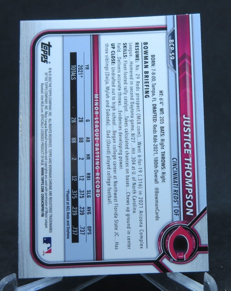 Justice Thompson 1st Bowman 2022 Bowman Chrome Cincinnati Reds | eBay