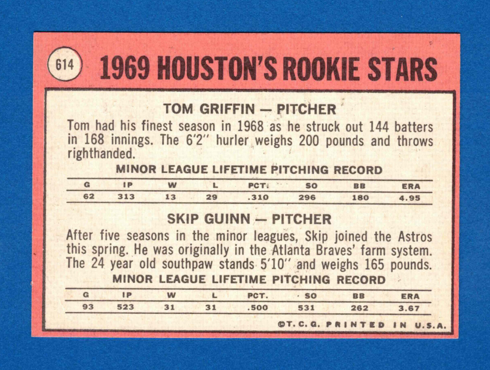1969 TOPPS #614 HOUSTON ASTROS ROOKIE STARS TOM GRIFFIN / GUINN CARD ...