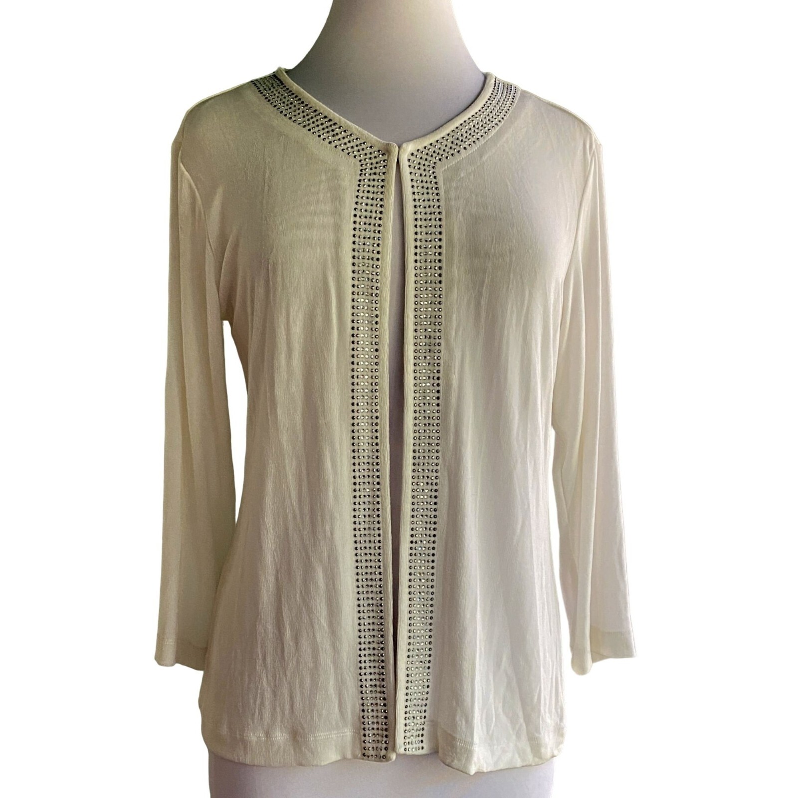 Chico's Travelers White Jazzy Jazz Embellished Open Front Slinky Jacket ...
