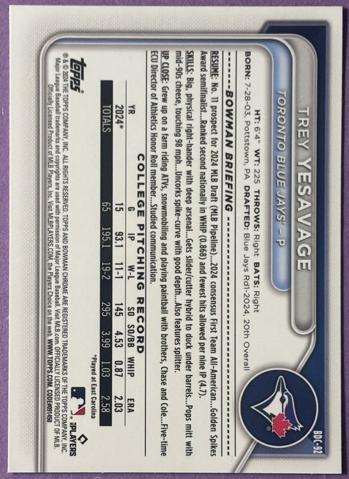 2024 Bowman Draft Chrome Trey Yesavage #BDC-92 Steel Metal Refractor ...