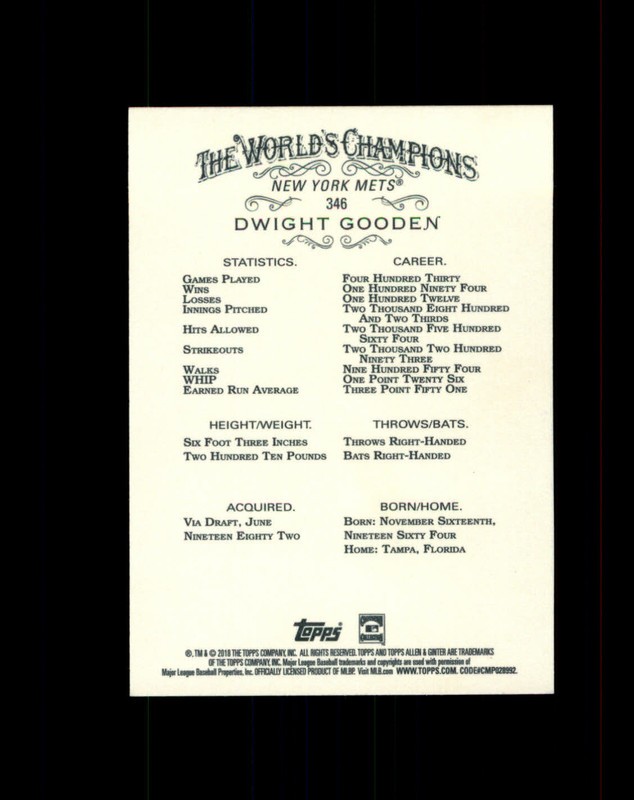 Doc Dwight Gooden Signed 2018 Allen & Ginter #346 Autograph IPA In ...