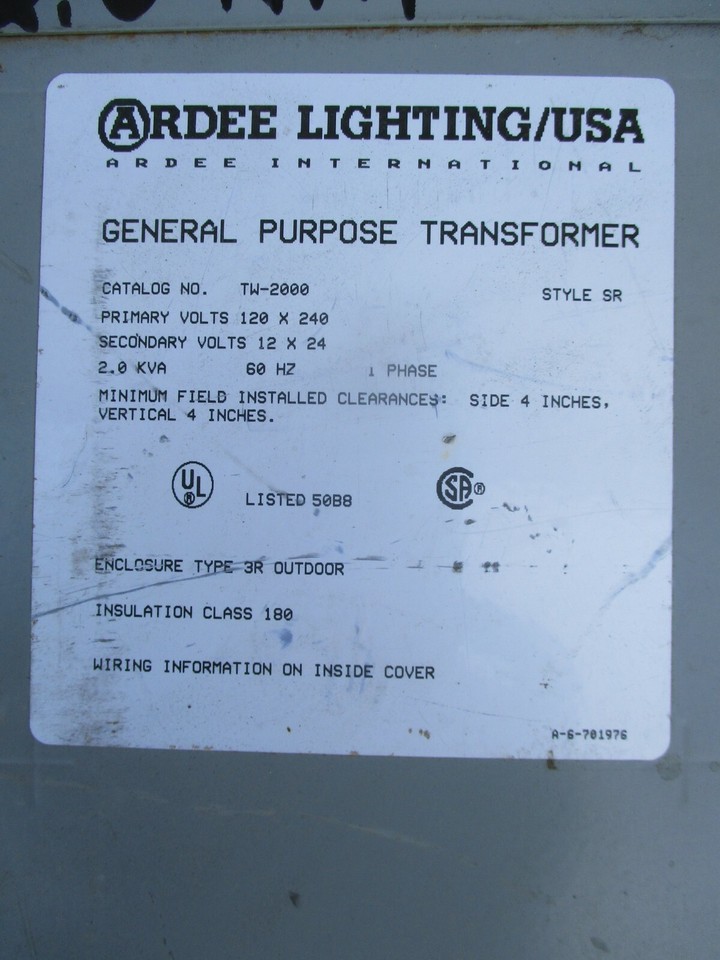 ARDEE TW-2000 Lighting Transformer 2 KVA 120/240X12/24 Volt 1PH -T1587 ...