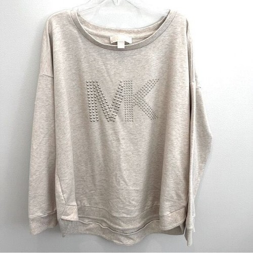 Michael Kors MK Womens XL Gold Stud Logo Crew Sweatshirt Tan Beige Logo ...