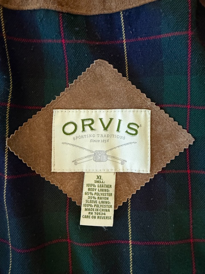 ORVIS Large Men's Suede Leather Zip Bomber Jacket Plaid Flannel Lined ...