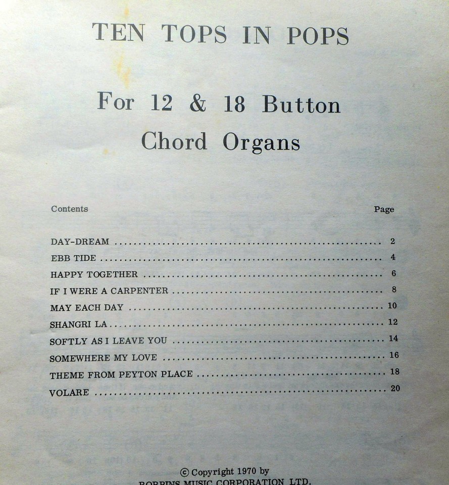 TEN TOPS IN POPS for 12 & 18 Button Chord Organ: Robbins Music 21pgs ...