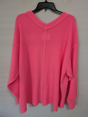 AERIE textured V-neck hot pink pullover Size L Oversized Comfy Soft ...