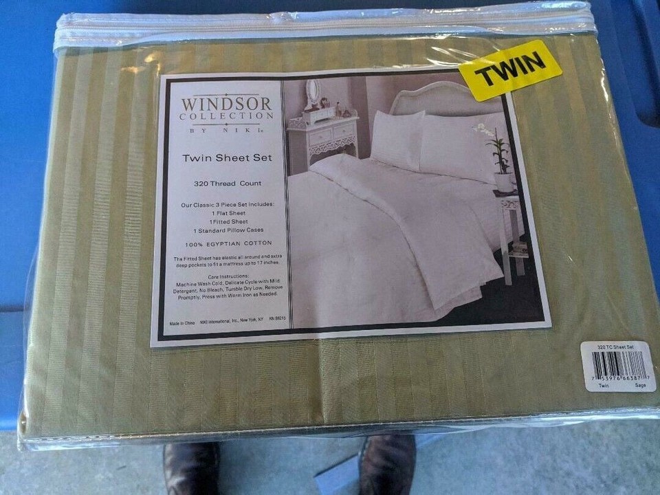 WINDSOR 100% Egyptian Cotton TWIN SHEET SET Sage Striped Collection 320 ...