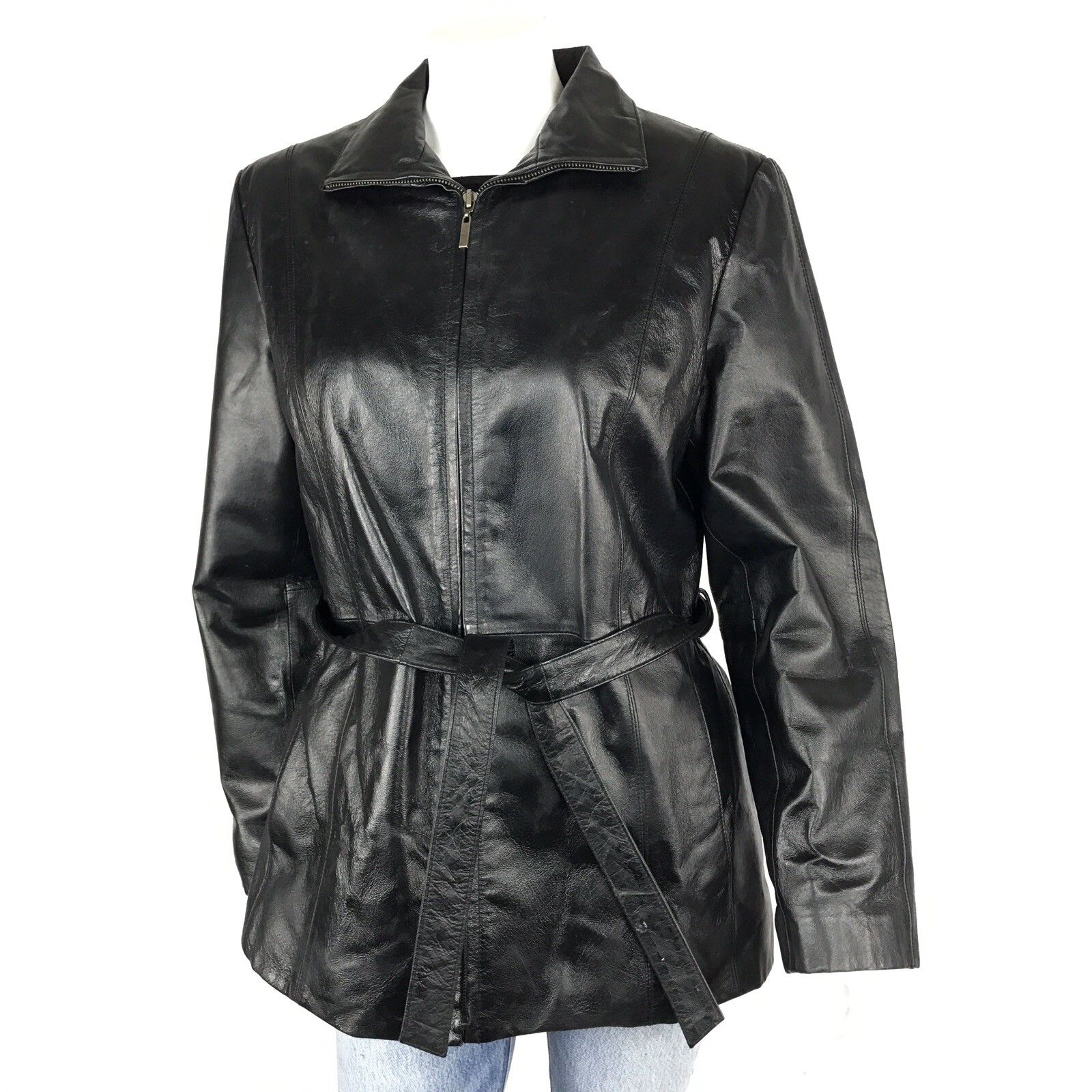 Womens Outbrook Zipper Lined Black 100% Leather Jacket Belted Coat Sz ...