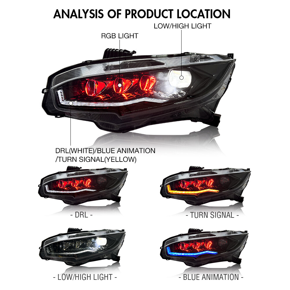 RGB LED Headlights For Honda Civic 2016-2021 FK7 FK8 Type R Head Lamp ...