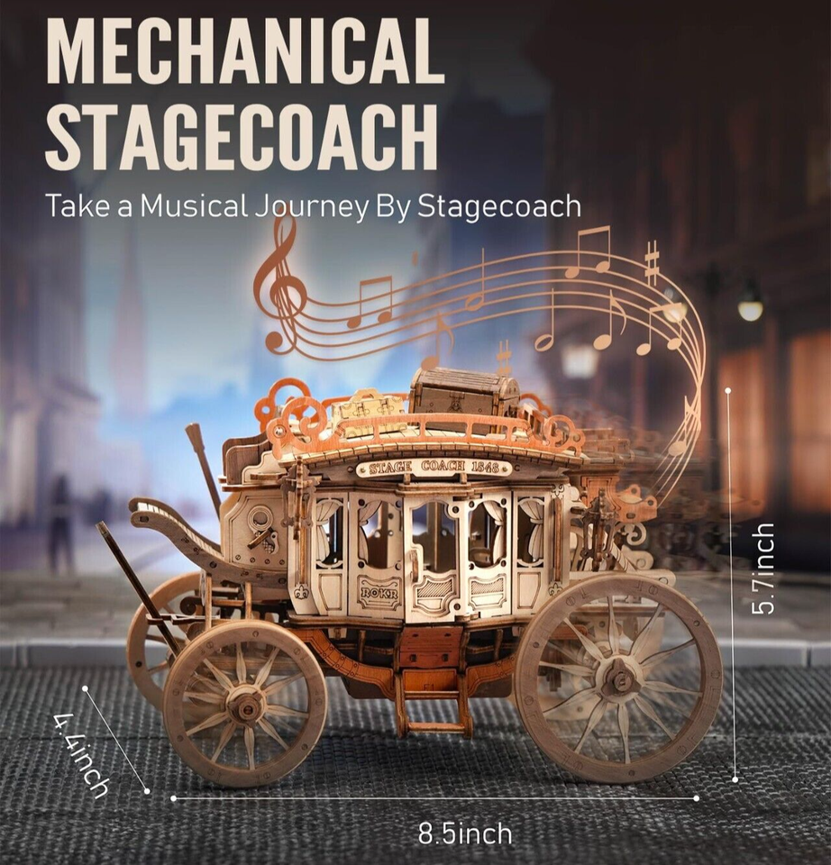 ROKR 3D Wooden Puzzle Stagecoach Music Box DIY Mechanical Model Kits ...