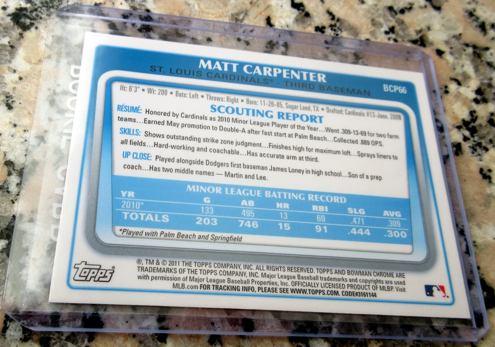 MATT CARPENTER 2011 Bowman Chrome 1st Rookie Card RC Cardinals HR Power ...