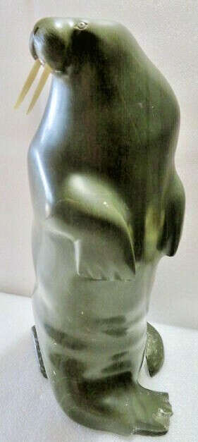 Inuit Soapstone Green Walrus Carving Sculpture 12" x 7" Base Igloo Tag ...