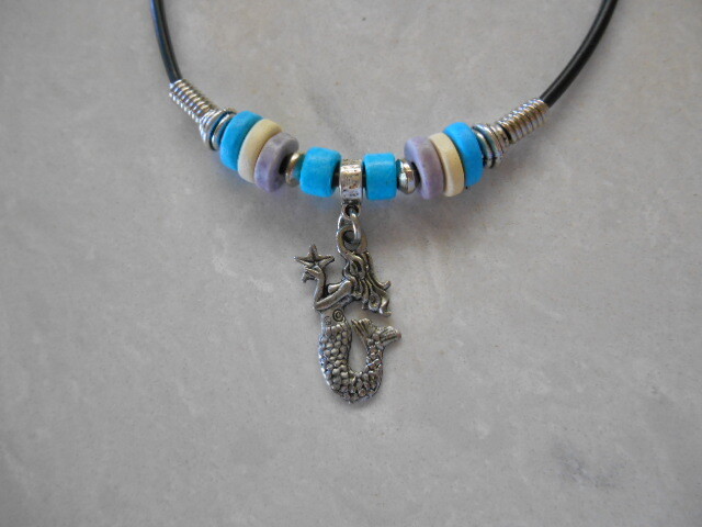 Mermaid Charm Holding Starfish 18" Necklace Black Leather Cord Hard ...