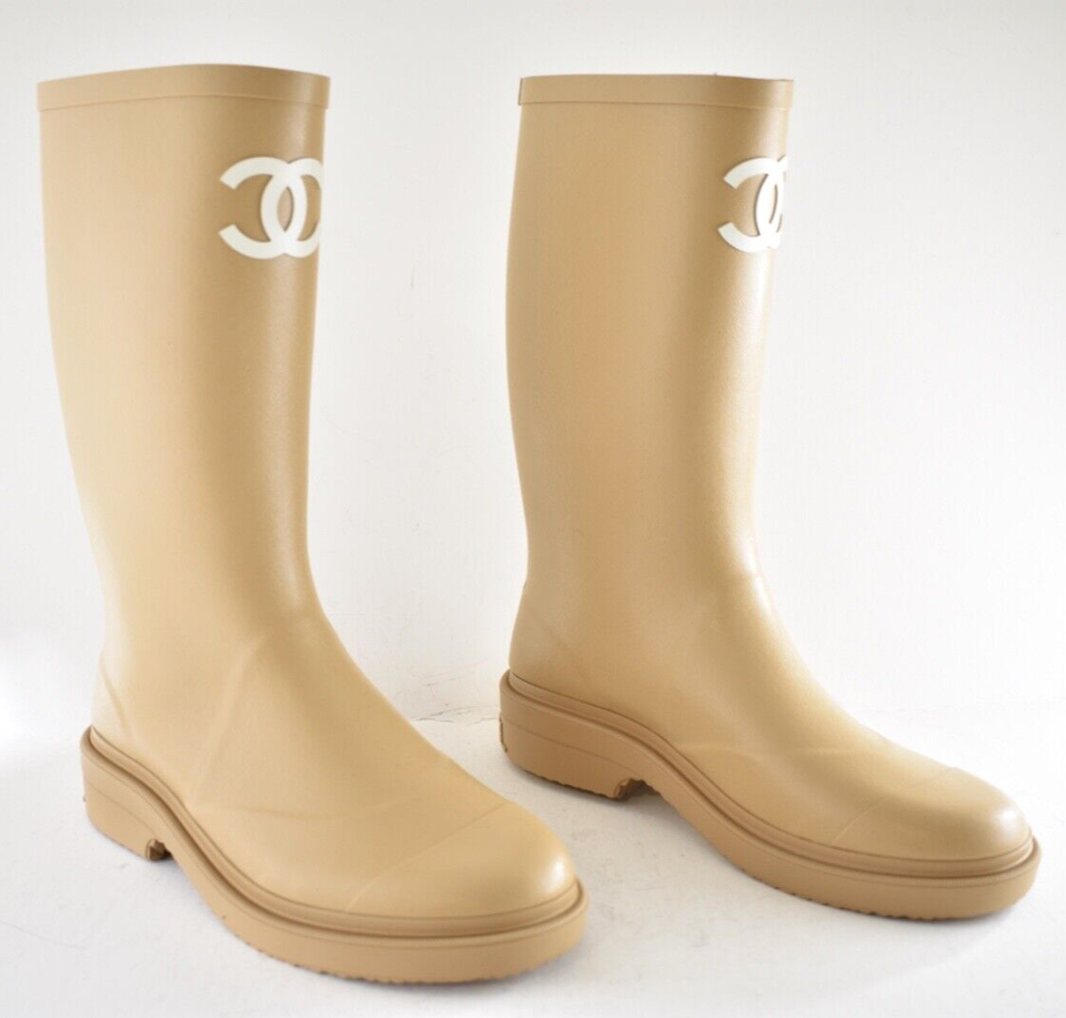 Chanel REV Beige White Wellington Wellies CC Logo Pull On Rubber Rain ...