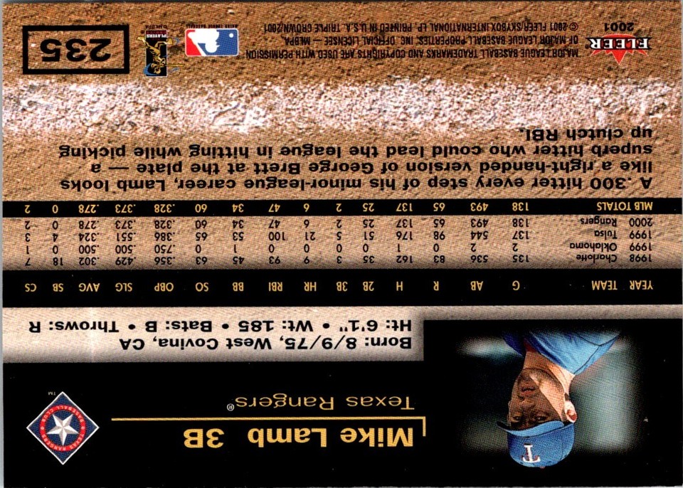 2001 Fleer Triple Crown Mike Lamb #235 Texas Rangers Baseball Card | eBay