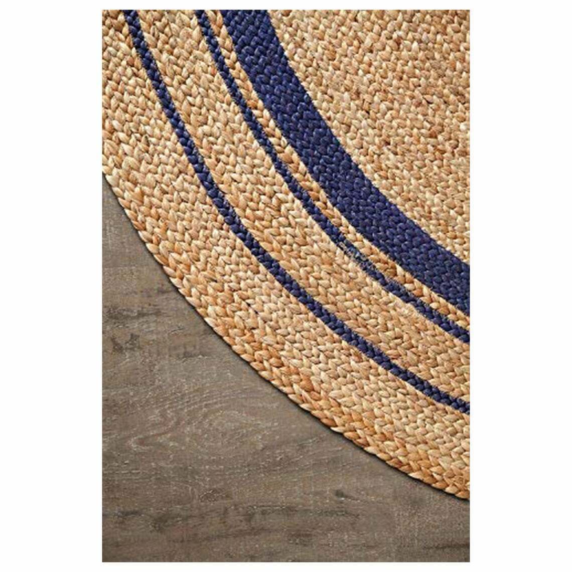 Rug Jute Natural Round Hand Woven Beige Blue Area Rug for Living Room ...