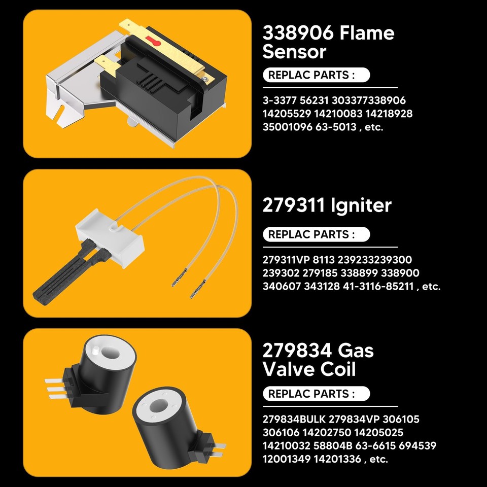 338906 Gas Dryer Flame Sensor Kit with 279311 Ignitor and 279834 Gas ...
