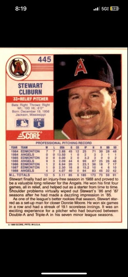 1989 Score Stewart Cliburn California Angels #445 | eBay