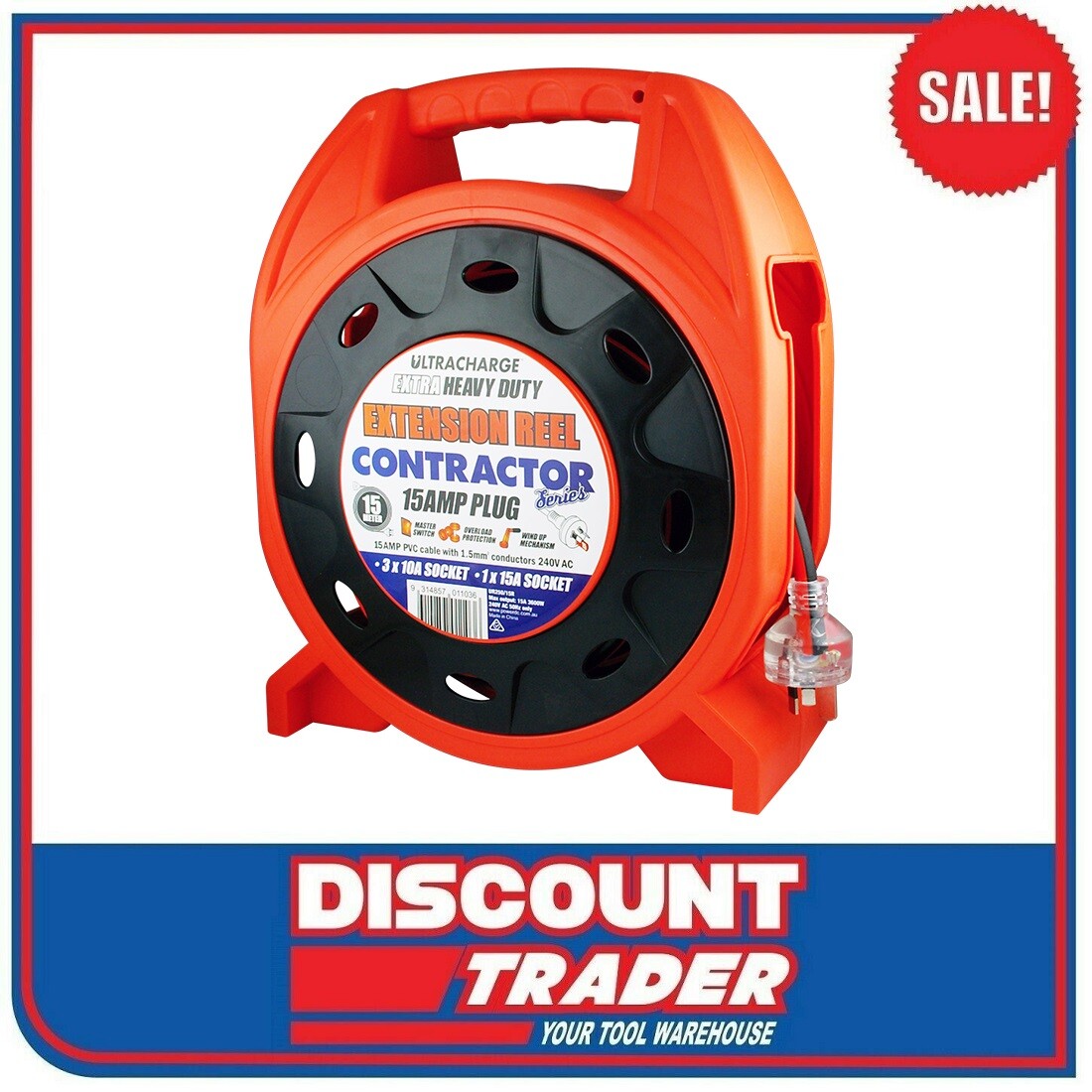 Power Extension Cord Retractable Reel Australian 15m 240v