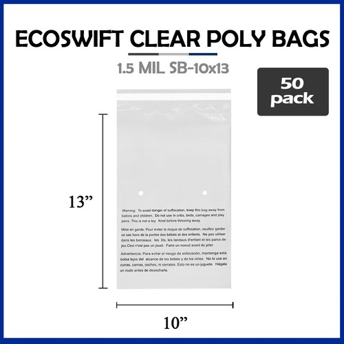 50 10x13 EcoSwift Self Seal Suffocation Warning Clear Poly Bags Free ...