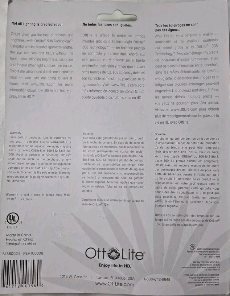 OTTLITE T1333O HD Natural Lighting Replacement Bulb 13watt 10K Reduce ...