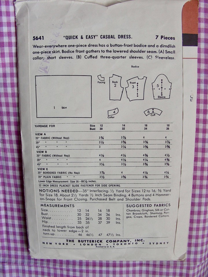 Vintage 1950s Quick & Easy Dress Butterick Pattern 5641 - Size 14, bust ...