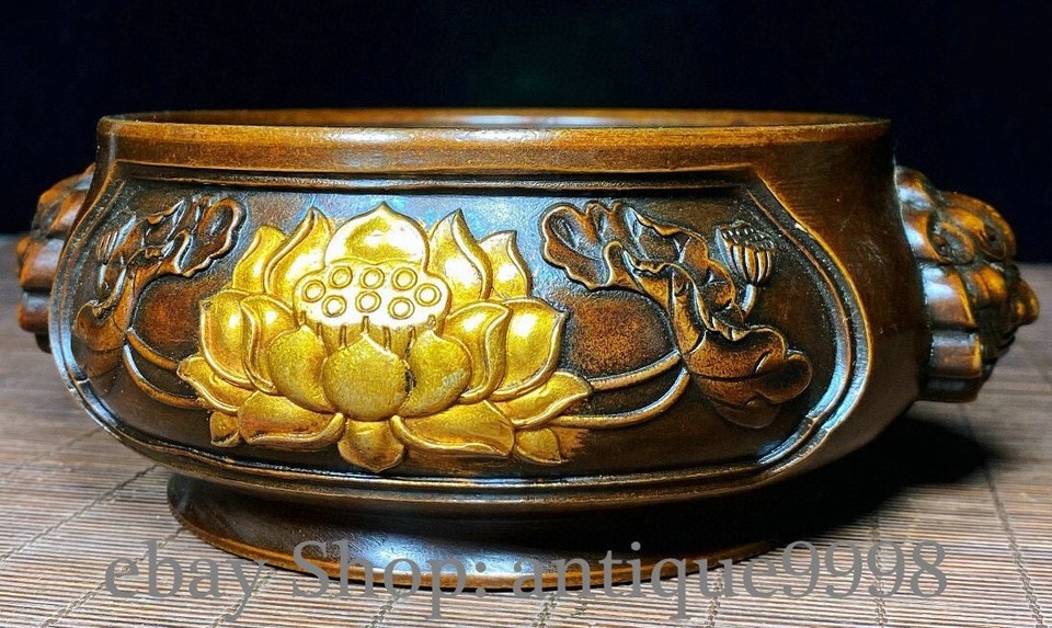 5.3'' Old Dynasyt Bronze Lotus Foo Fu Dog Lion Head Animal Burner ...