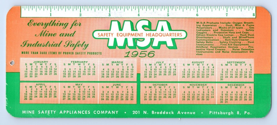 1956 MSA Equipment Calendar Ruler Card Mining Industrial Mine Safety ...