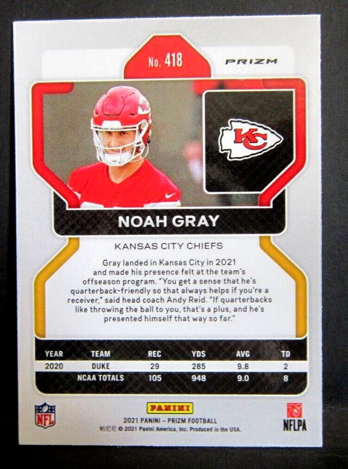 Noah Gray RC 2021 Prizm Orange Laser Prizm Refractor Rookie!Duke/Chiefs ...