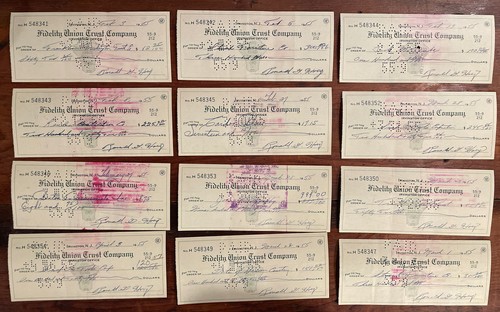 Vintage Paper 1955 Bank Ephemera - 12 Cashed Checks - Fidelity Union ...