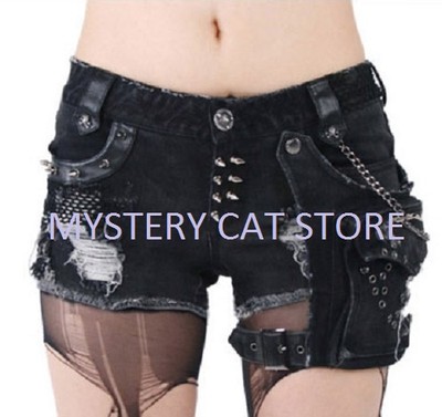 New PUNK RAVE Gothic Jeans Denim ripped sexy Studded Shorts K-127 ...